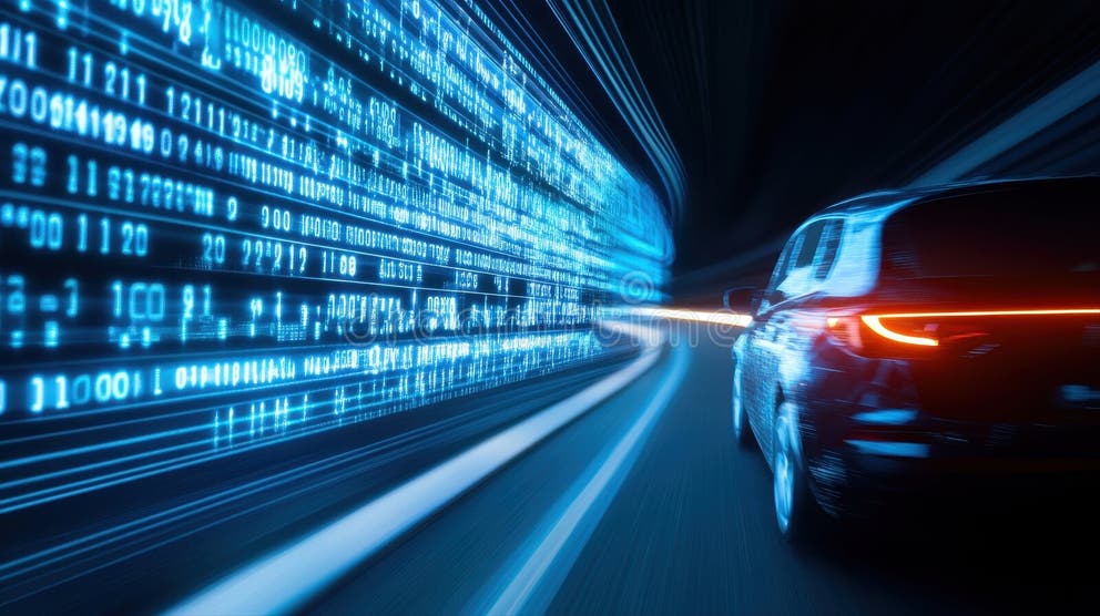 High Speed Black Car Driving through Digital Data Stream in Futuristic ...