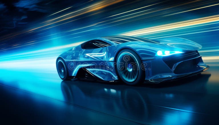 High Speed Blue Car with Digital Code and Motion Blur Represents ...