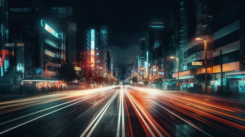 High Speed Blurred Light Tail at Night City. Generative AI Stock ...