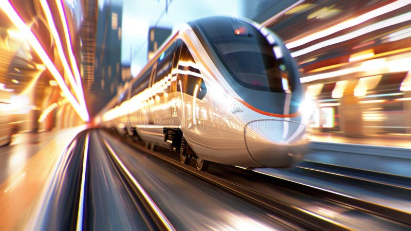 High-speed Bullet Train Blurring through a Modern Urban Landscape Stock ...