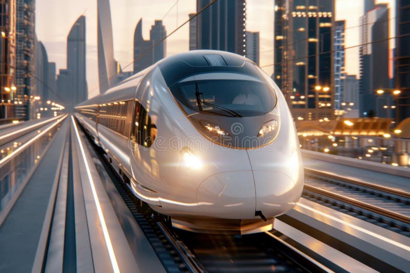 High-speed Bullet Train on Elevated Track through Modern City at Sunset ...