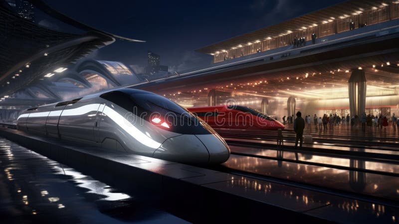 High Speed Bullet Train at Futuristic Railway Station Platform. Stock ...