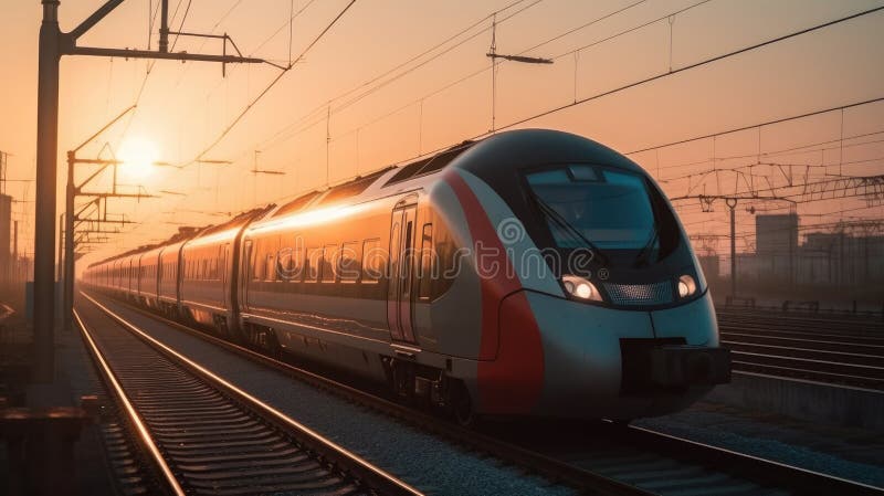 High Speed Bullet Train on Railway at Sunset with Orange Sky and Modern ...