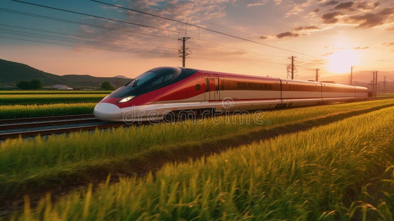 High-speed Bullet Train Runs through Rural Fields in Japan. Generative ...