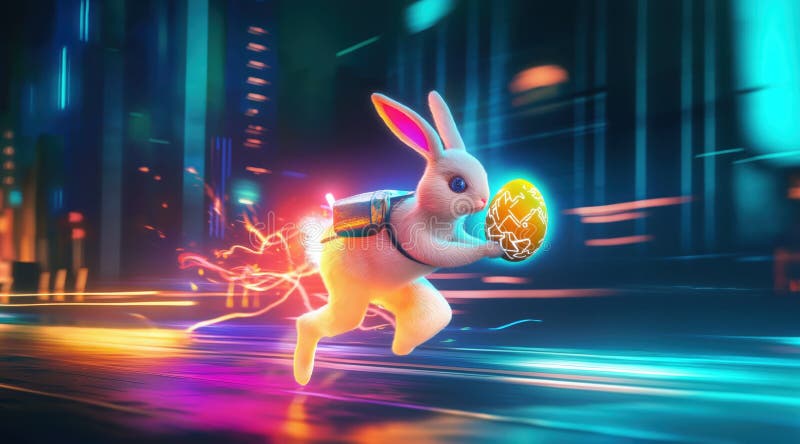 High-Speed Bunny Running with Glowing Easter Egg Stock Photo - Image of ...