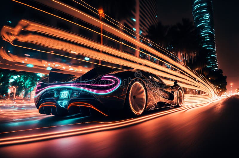 High Speed Car with Neon Colors in a Night City Stock Illustration ...