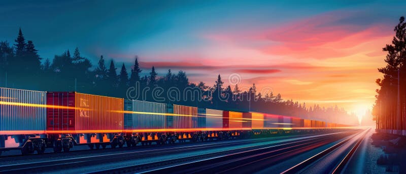 High-Speed Cargo Train in Motion at Night. Generative Ai Stock ...