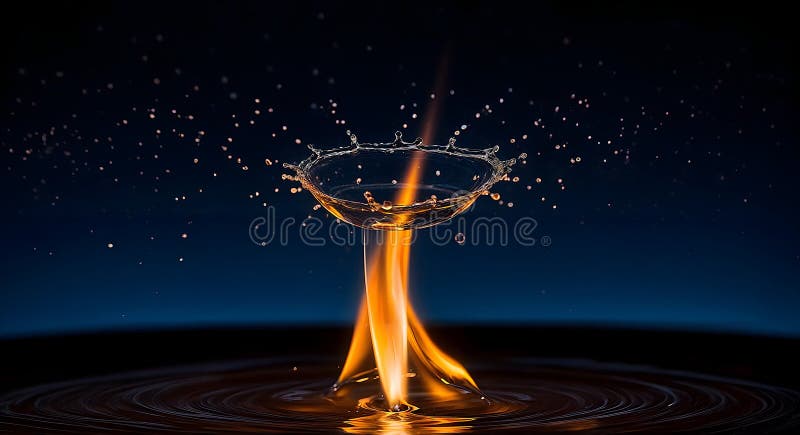 Dramatic Water Droplet Collision with Fiery Reflection and Splash on a ...