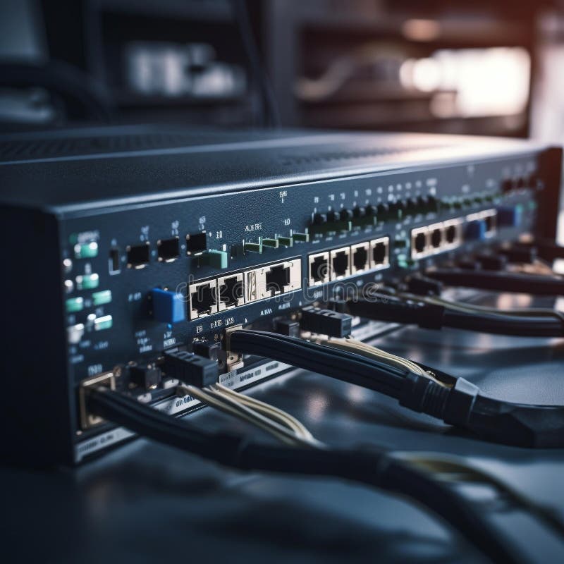 High-Speed Connectivity Hub with Multiple Ports and Blurred Server Room ...