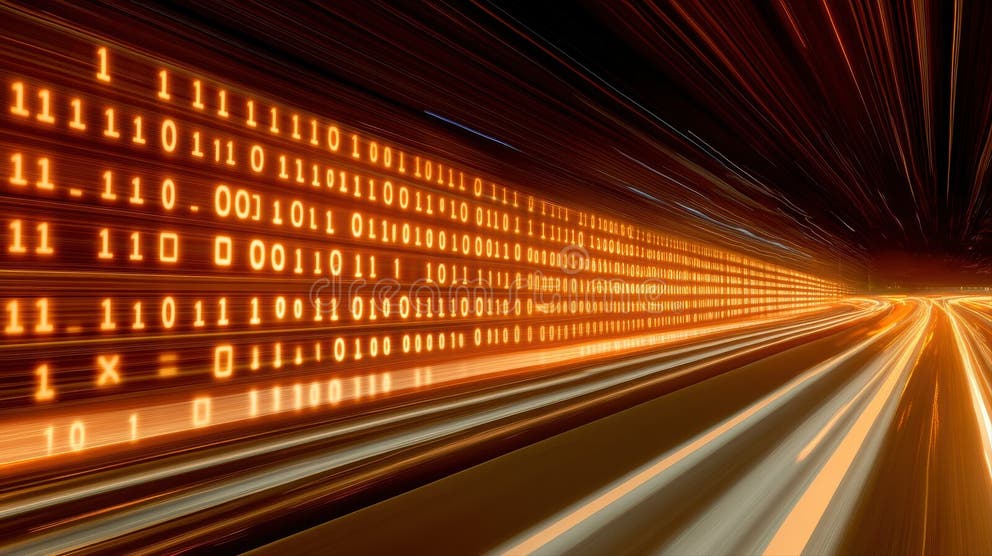 High-speed Digital Binary Data Stream Visualization with Glowing Orange ...