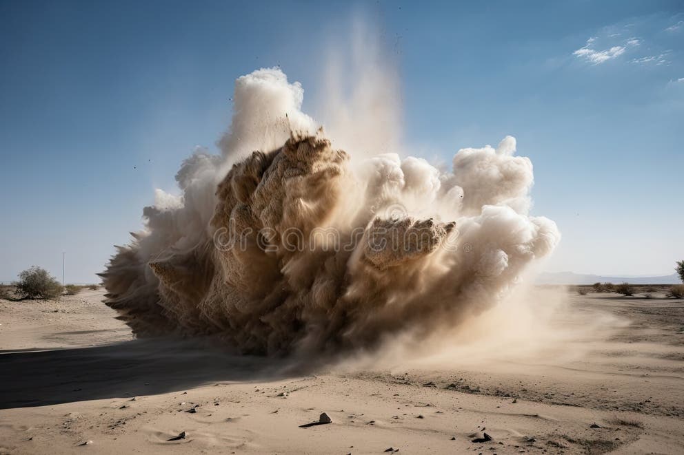 High-speed Explosion of Sand with Smoke and Debris Visible Stock ...