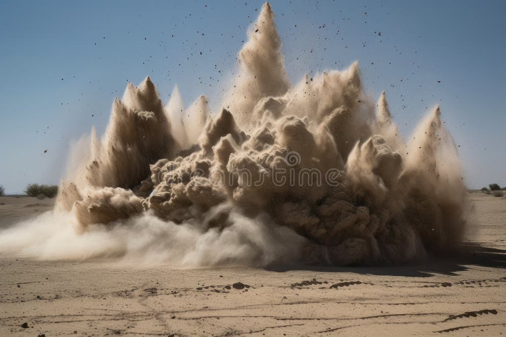 High-speed Explosion of Sand with Smoke and Debris Visible Stock ...