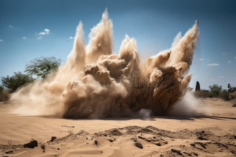 High-speed Explosion of Sand with Smoke and Debris Visible Stock ...