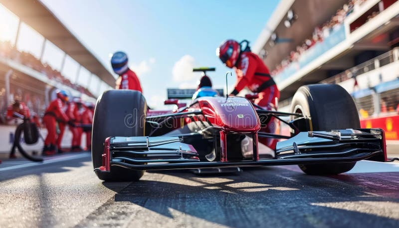 High Speed Formula One Pit Stop Red Jumpsuit Crew Demonstrates Teamwork ...