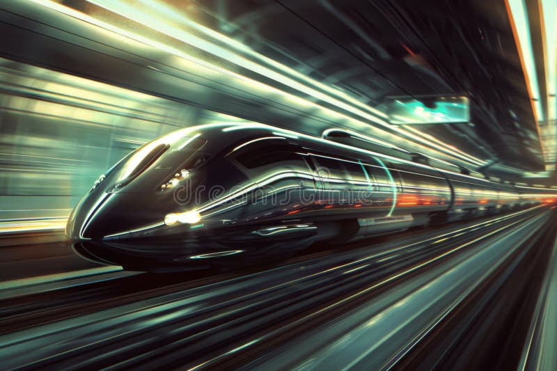 High-speed Futuristic Train Rushing at High Speed in a Tunnel with ...