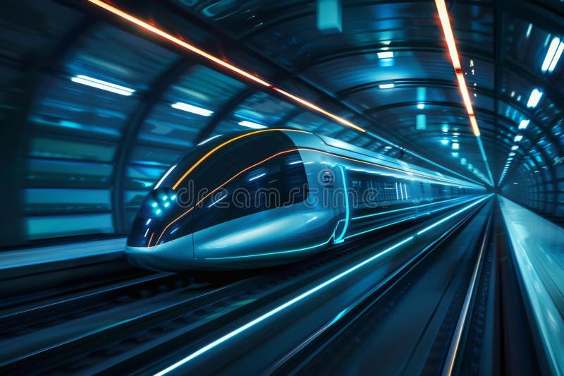 High-speed Futuristic Train Rushing at High Speed in a Tunnel with ...