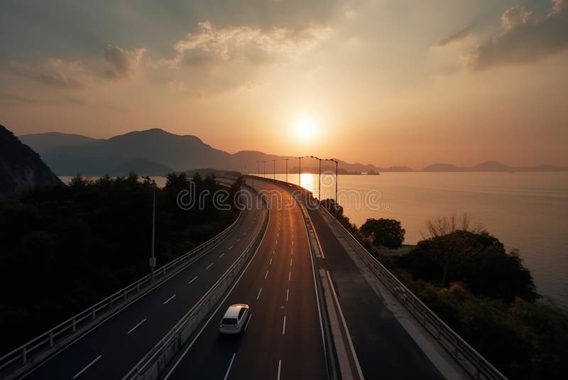 High-speed Highway Passing Along the Sea, Sunset. Beautiful Sunset ...
