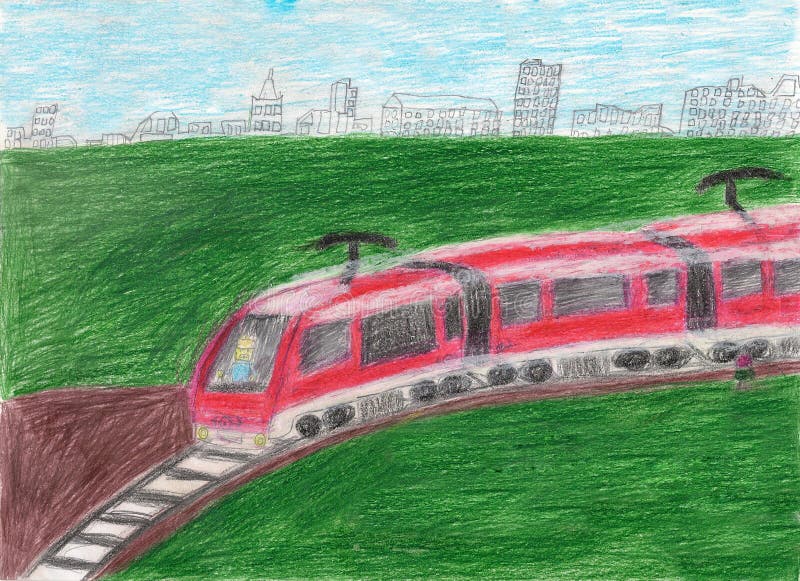 High Speed Modern Commuter Train Transportation Drawn by Kid Stock ...