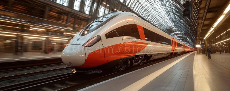 High-speed Orange and White Train Moving through Modern Station Stock ...
