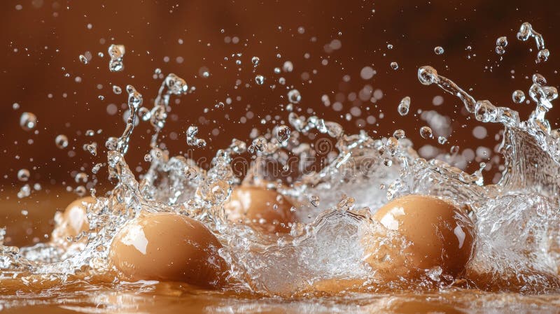 Dynamic Splash of Water with Eggs Against a Brown Backdrop Stock Image ...