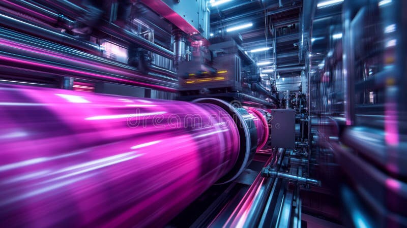 High Speed Printing Press in Action Producing Vibrant Purple Rolls ...