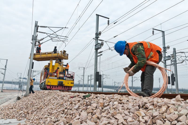 High speed railway workers editorial stock photo. Image of repair ...