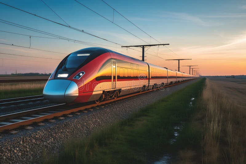 A High Speed Red Train in the Countryside at Sunset Stock Illustration ...