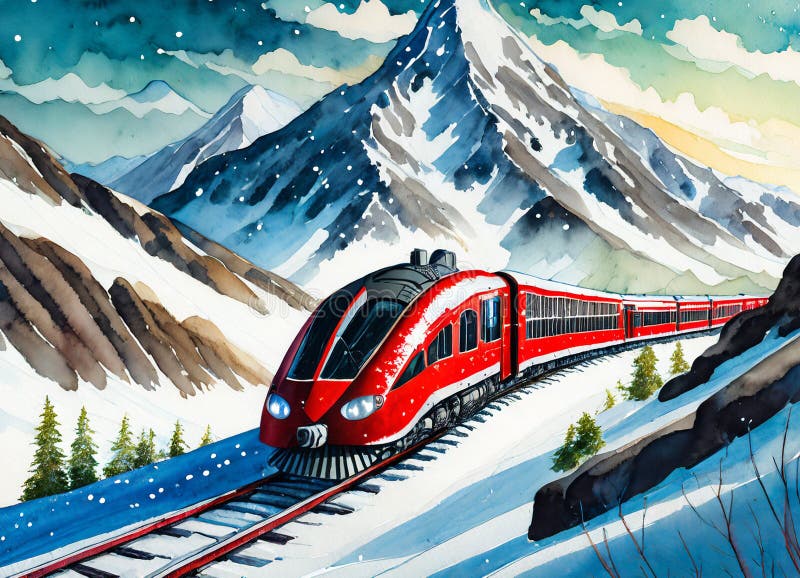 High Speed Red Train Hurtling through Snow-capped Mountain Stock ...