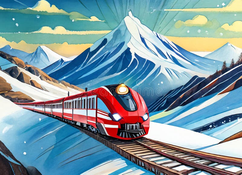 High Speed Red Train Hurtling through Snow-capped Mountain Stock ...