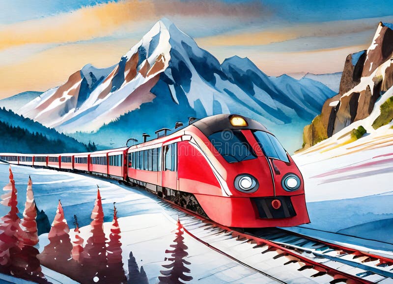 High Speed Red Train Hurtling through Snow-capped Mountain Stock ...