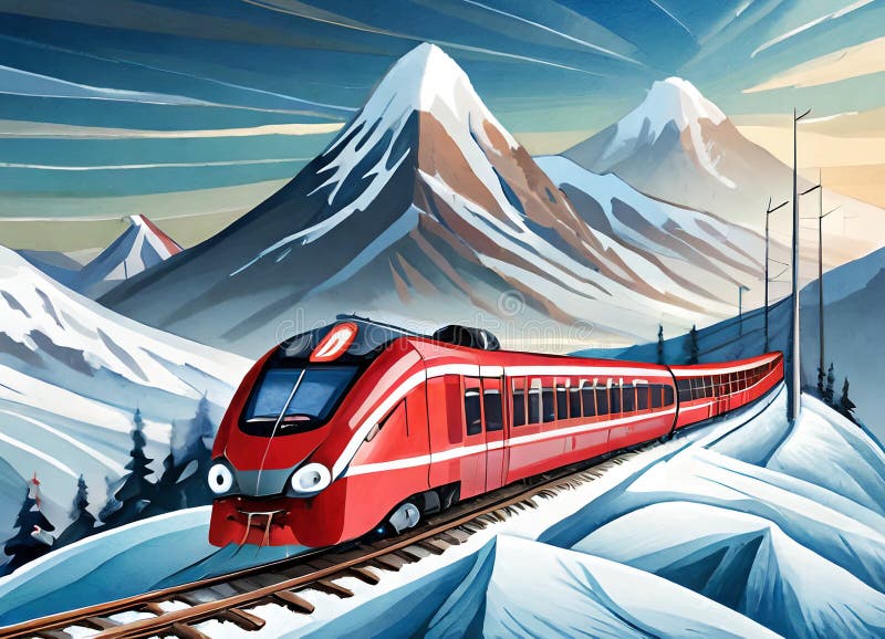 High Speed Red Train Hurtling through Snow-capped Mountain Stock ...