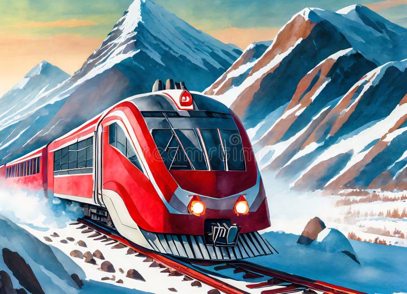 High Speed Red Train Hurtling through Snow-capped Mountain Stock ...
