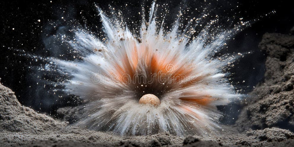 A Dramatic Explosion of Sand and Dust with a Central Sphere on a Dark ...