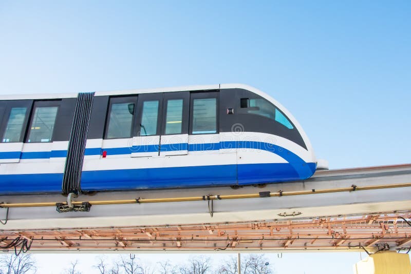 High Speed Subway Train on the Air Bridge Arrives at the Station Stock ...