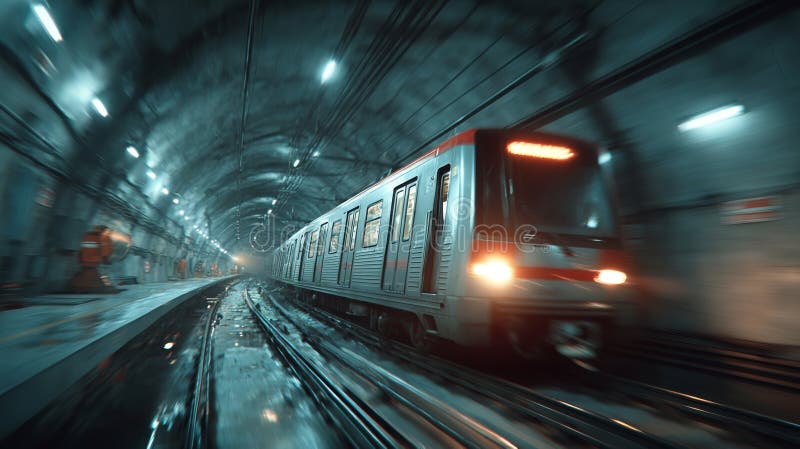 High-speed Subway Train Moving through Underground Tunnel at Night ...
