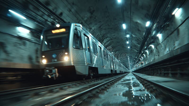 High-speed Subway Train Moving through Underground Tunnel at Night ...