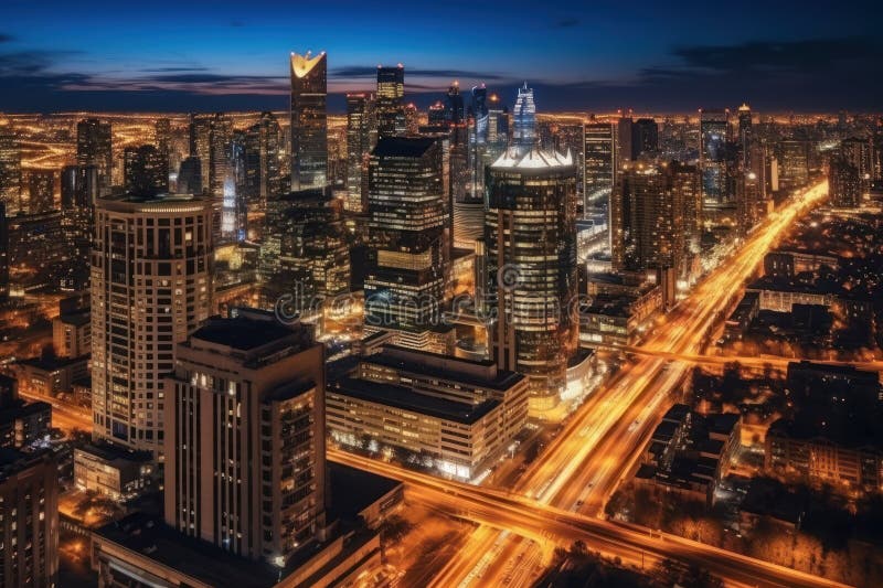 High Speed Traffic and Light Trails in Highway at Twilight Modern City ...