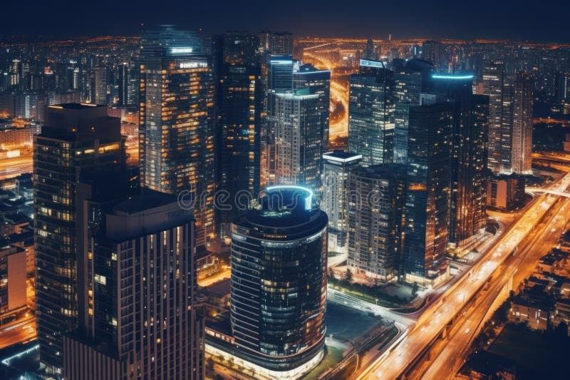 High Speed Traffic and Light Trails in Highway at Twilight Modern City ...