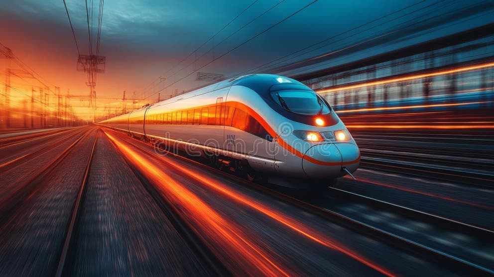 High Speed Train Accelerating through a Modern Railway System at Sunset ...