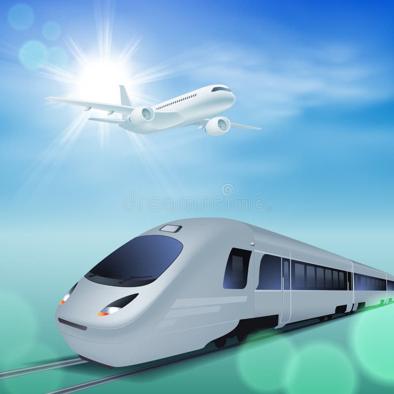 High-speed Train and Airplane in the Sky. Sunny Day Stock Vector ...