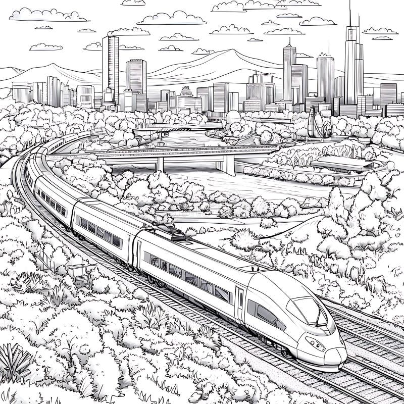 High Speed Train Approaching Modern City Sketch Stock Illustration ...