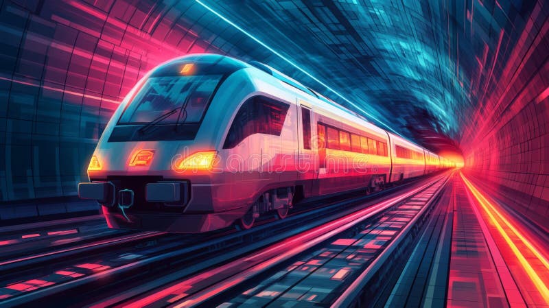 High Speed Train Approaching in Tunnel with Neon Lights and Pixel Art ...