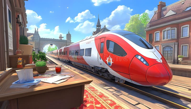 Red Train at Scenic Train Station Stock Illustration - Illustration of ...