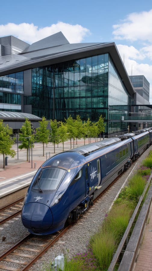 High Speed Train Arriving at Station with Modern Architecture on Sunny ...