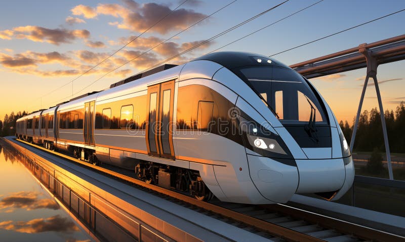 High-speed Train on the Bridge at Sunset. 3d Render. Stock Illustration ...