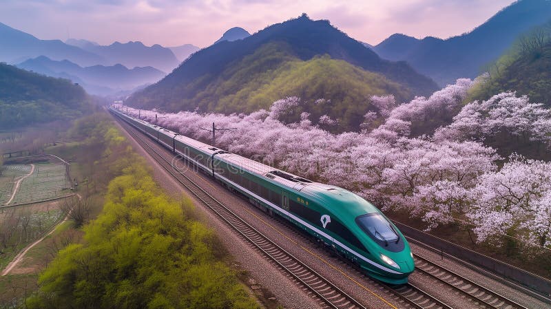 High Speed Train and Cherry Blossom in Spring, Panoramic View. Stock ...
