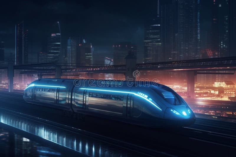 High Speed Train in the City at Night. 3d Rendering Generative Ai Stock ...