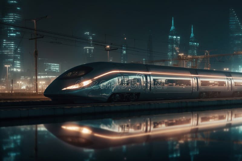 High Speed Train in the City at Night Generative Ai Stock Illustration ...