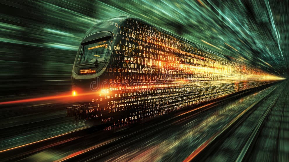 High-speed Train with Data Streams, Abstract Tech Collage. Business and ...
