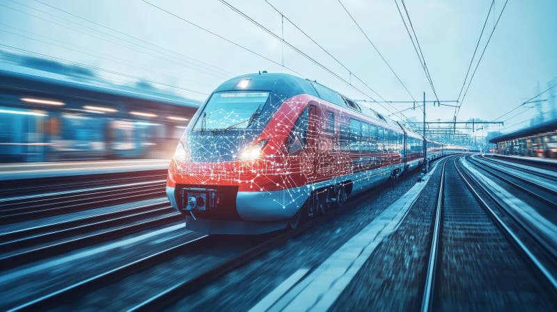 High-Speed Train with Digital Network Connectivity, Symbolizing ...
